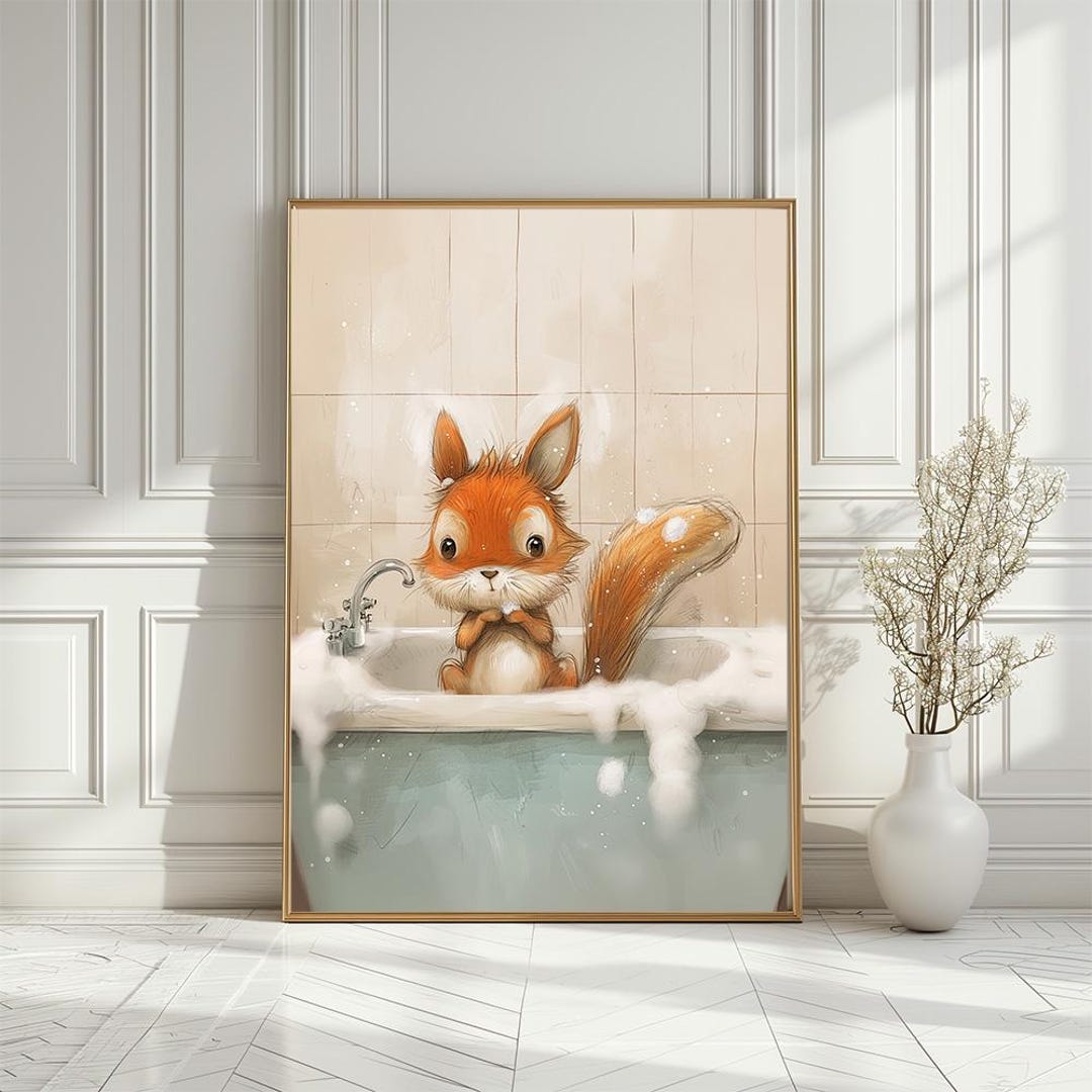 Cute Squirrel in Bathtub Bathroom Print, Animal Poster for Kids ...