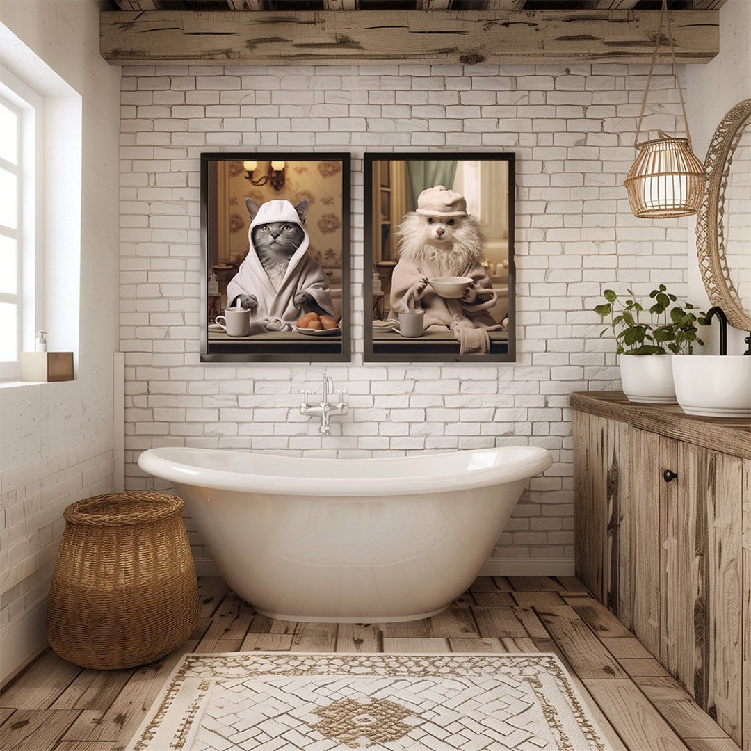 Set of 2 Cat and Dog Bath Time Bathroom Print, Animals With Bathrobe ...