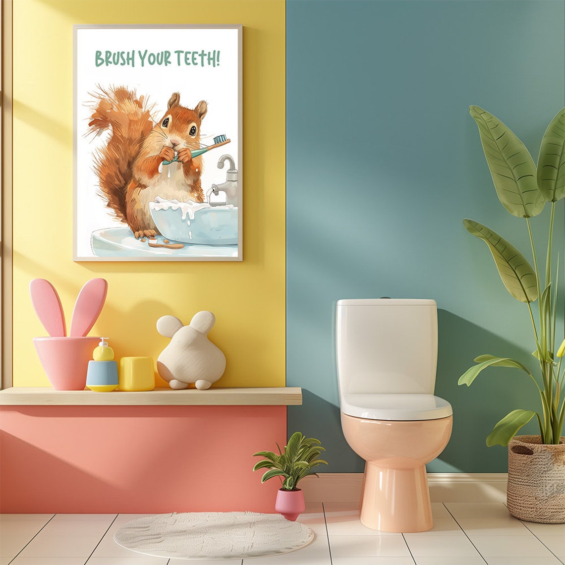 Cute Squirrel Brushing Teeth Bathroom Print, Kids Bathroom or Preschool ...