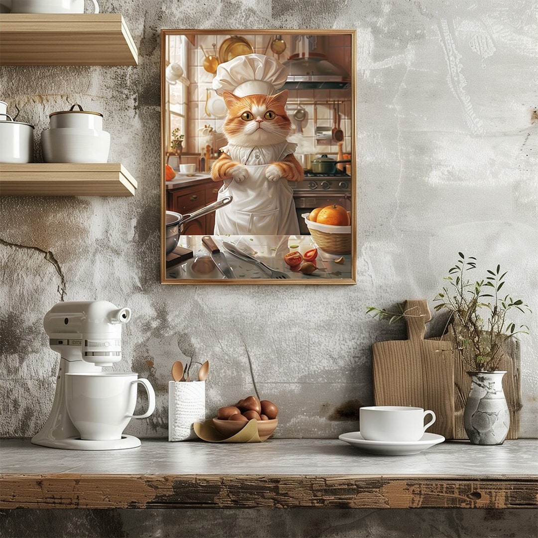 Chef Chubby Cat Cooking in Kitchen Poster, Perfect Cat Lover Kitchen ...