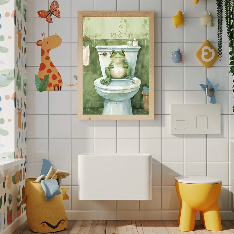 Adorable Frog in Toilet Bathroom Print, Animal Art for Kids Bathroom ...