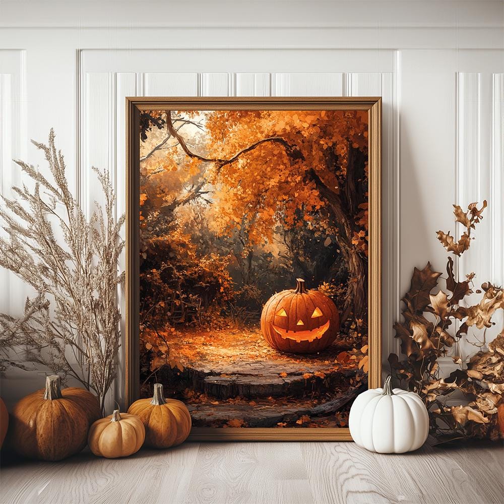 Pumpkin in Autumn Scene Poster, Smiling Jack O Lantern in Fall Forest ...