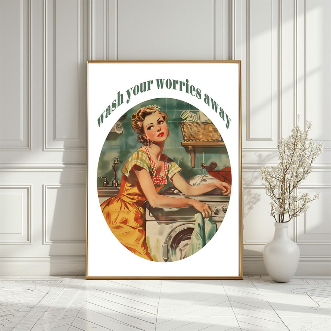 Vintage Laundry Art Print, Retro Lady in Front of Washing Machine Wall ...
