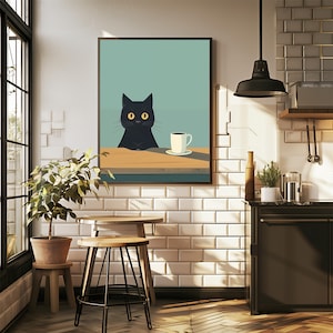 Black Cat With Coffee Cup Kitchen Poster, Perfect Cat Lover Kitchen ...