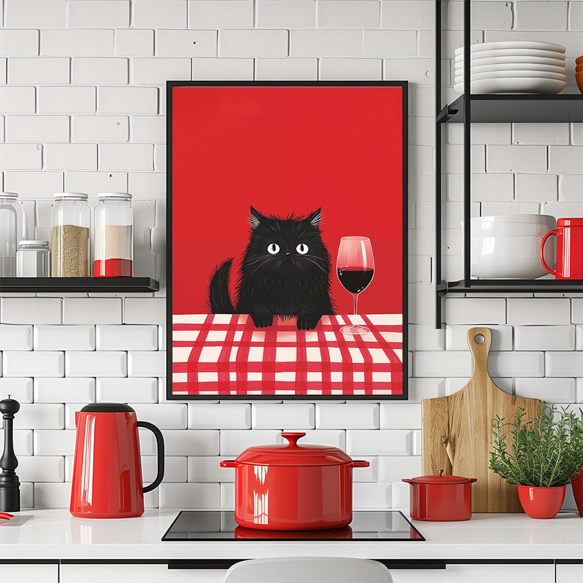 Black Cat With Wine Glass Kitchen Poster, Perfect Cat Lover Kitchen ...
