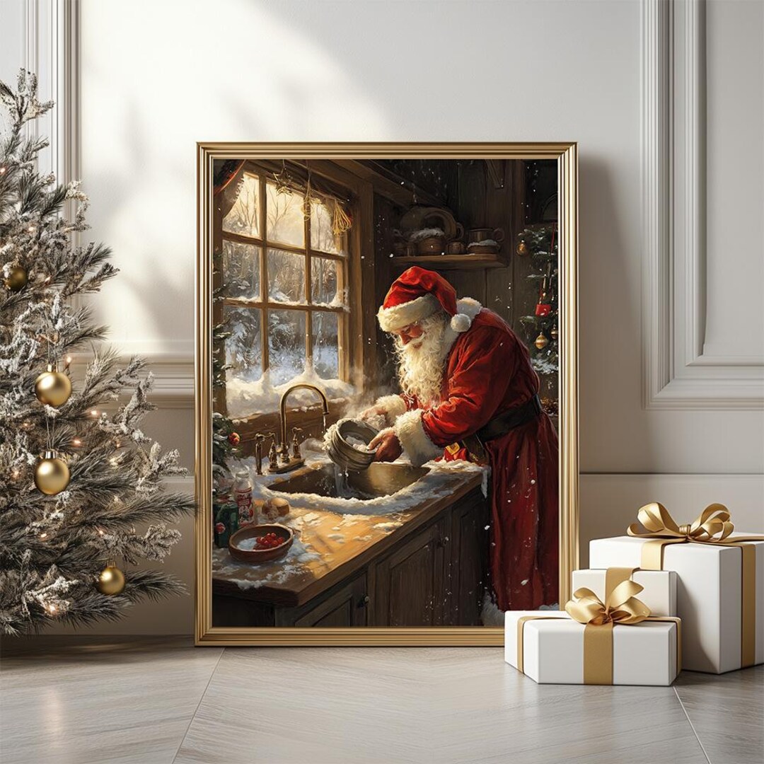 Santa Washing Dishes Christmas Kitchen Print, Cozy Holiday Decor ...
