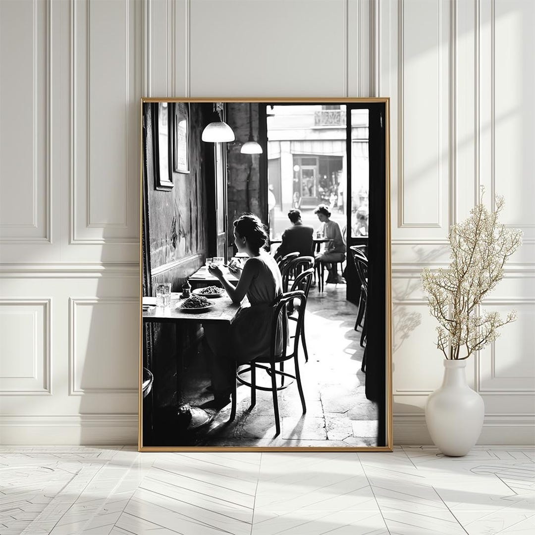 Black and White Vintage Cafe Scene Poster, Parisian Restaurant Art ...