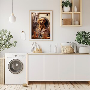 Cute Dog With Washing Machine Laundry Print, Puppy on Laundry Wall ...
