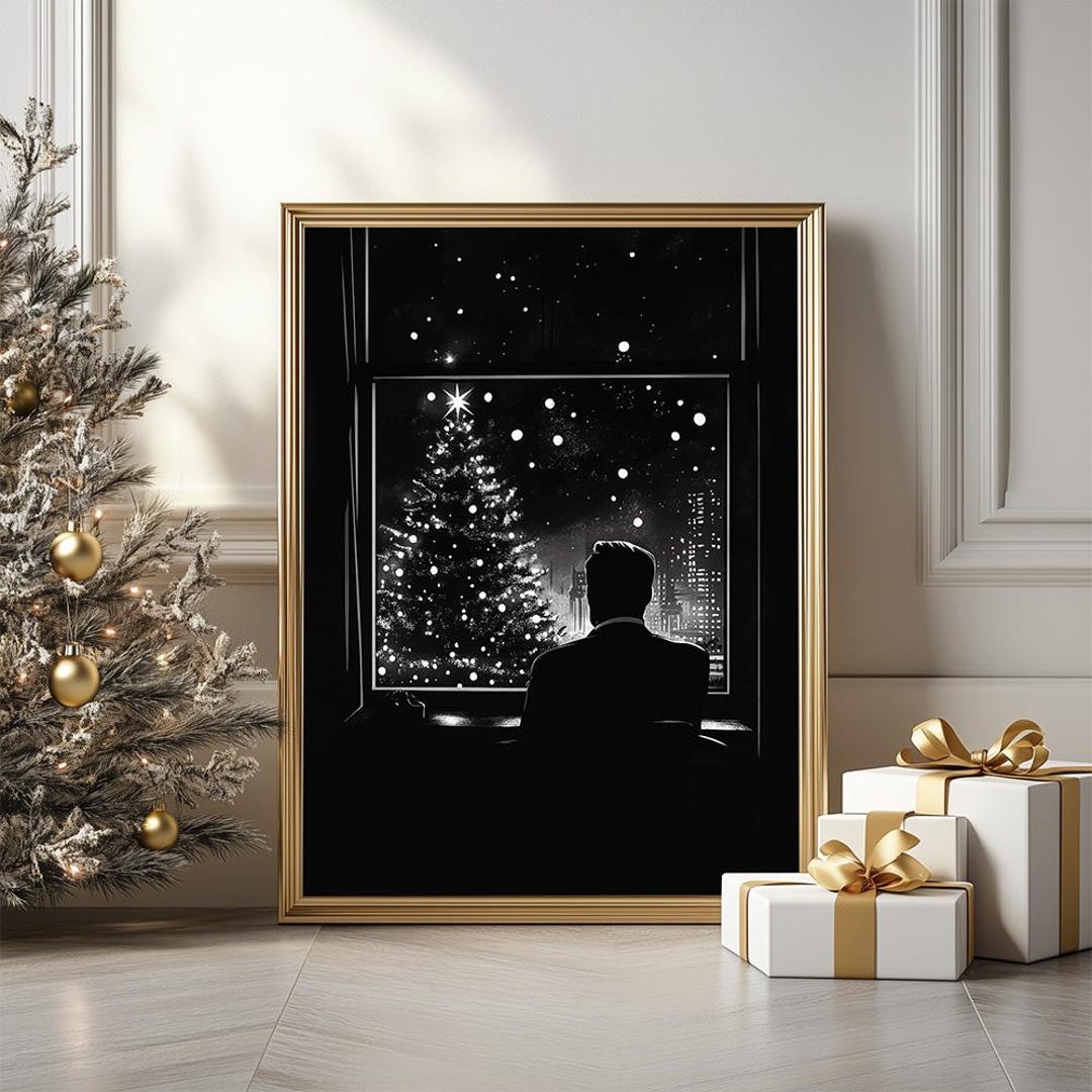 Retro Noir Christmas Window Scene Poster, Mysterious Holiday Night ...