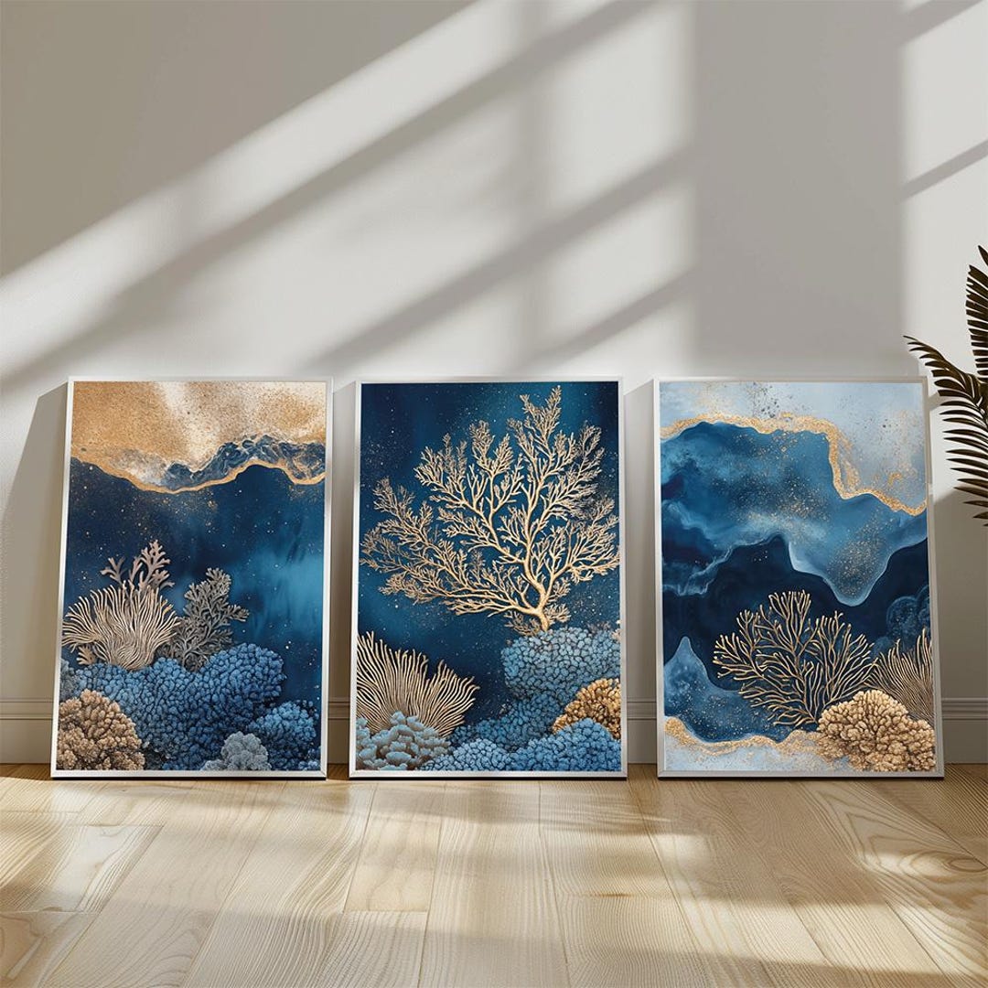 Gold & Blue Coral Reef Art Print Set: Underwater Wall Gallery (digital ...
