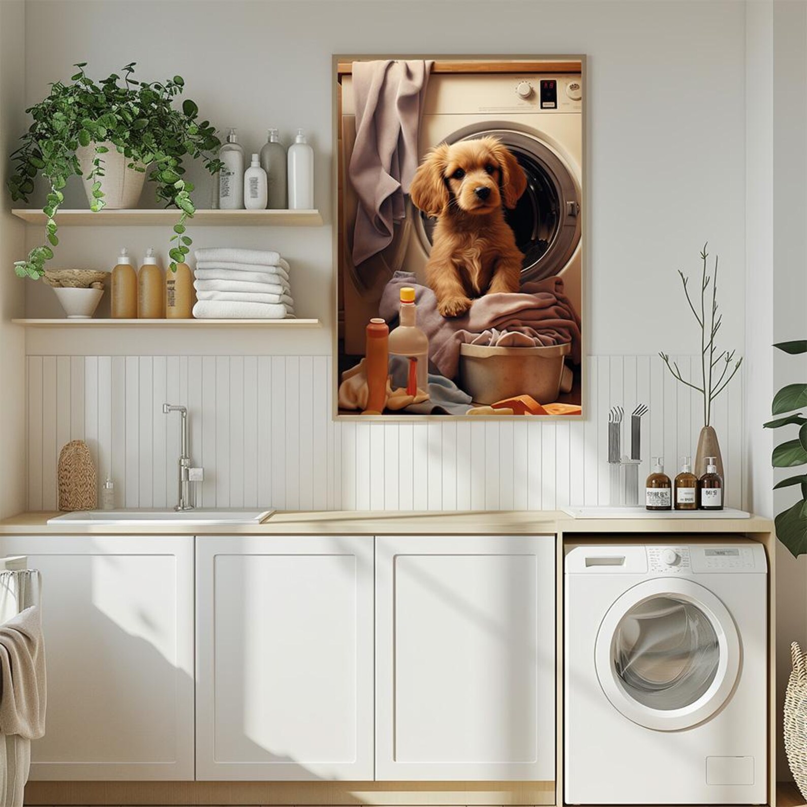 Cute Dog With Washing Machine Laundry Print, Puppy on Laundry Wall ...