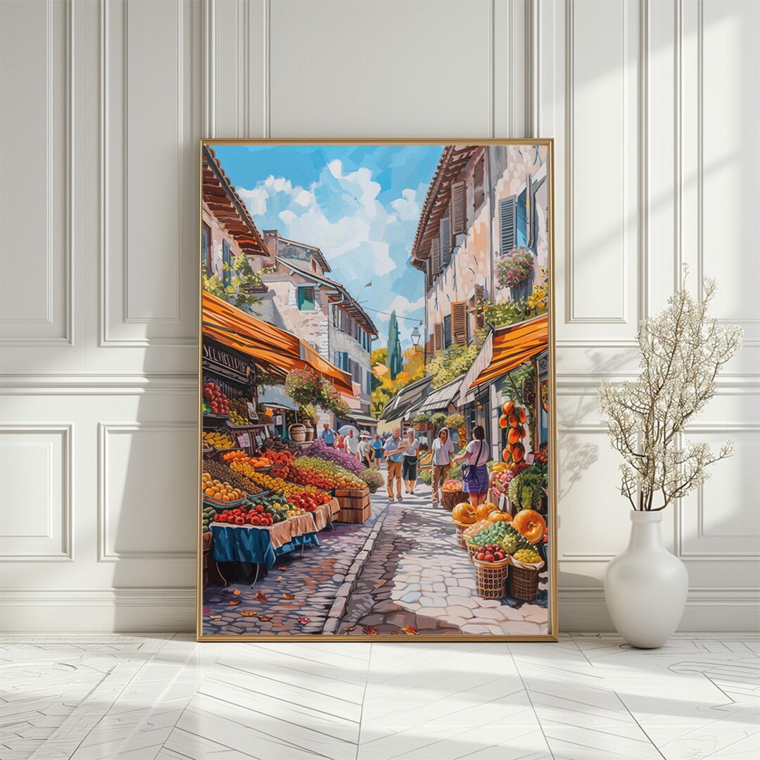 Colorful Street Market Poster, Marketplace in Mediterranean Village Art ...