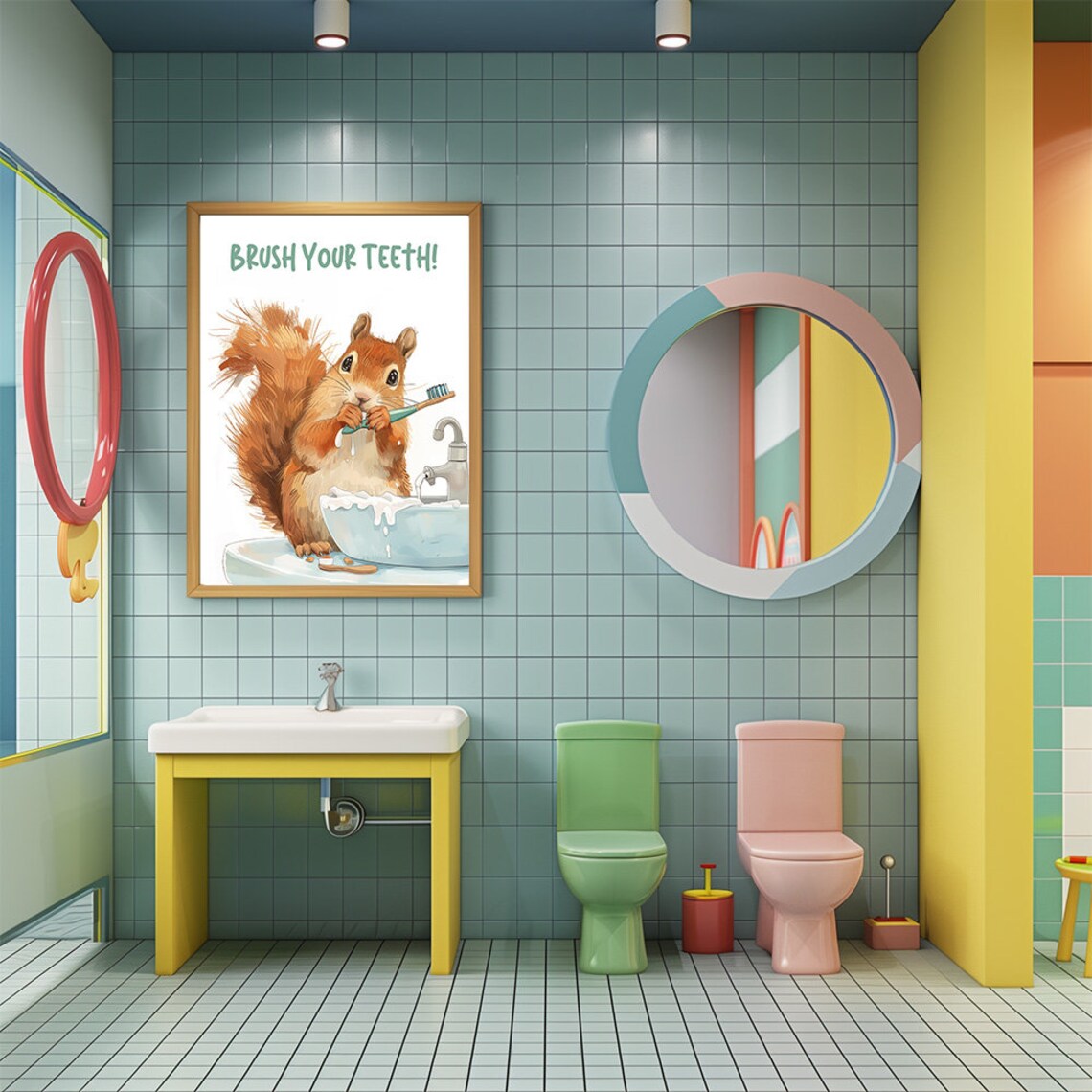 Cute Squirrel Brushing Teeth Bathroom Print, Kids Bathroom or Preschool ...