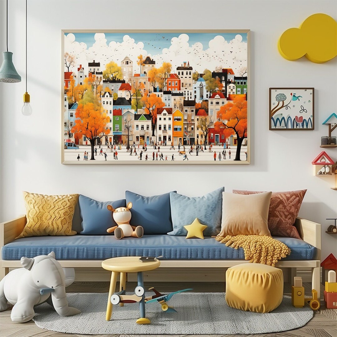 Colorful City Illustration Poster, Daily Town Life in Sunny Day, Modern ...