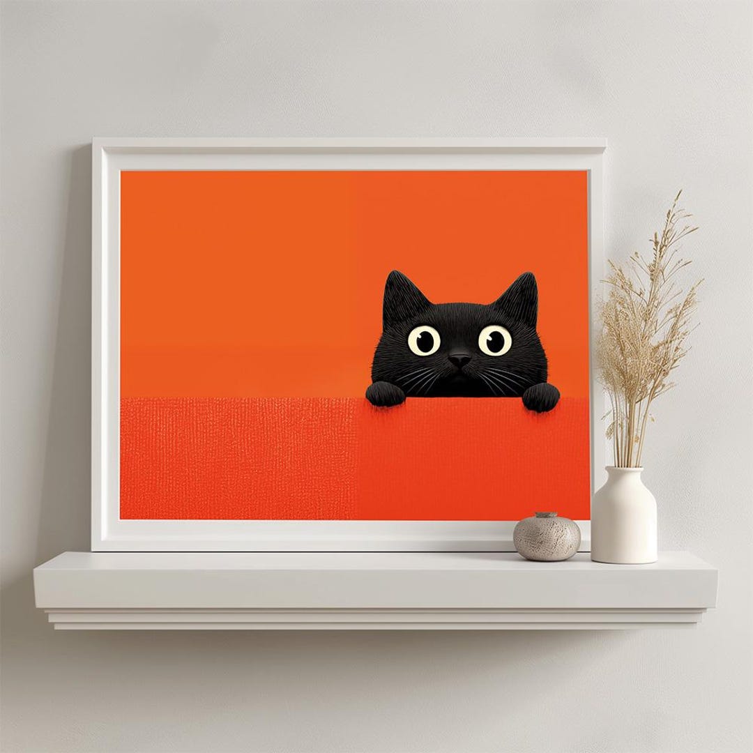 Cute Black Cat Illustration Art Print, Bold Orange Minimalist Animal ...