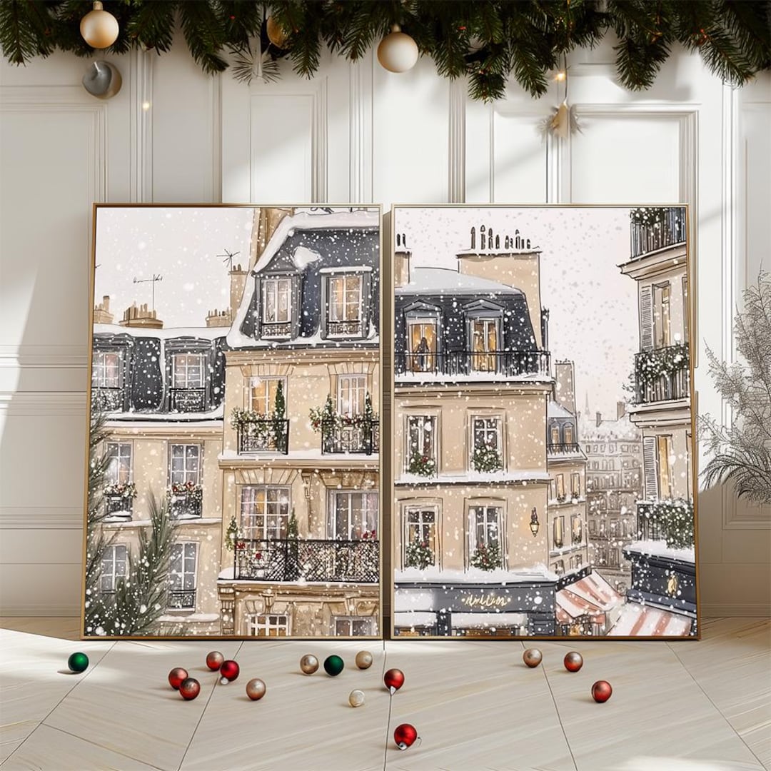 Paris Winter Cityscape Art Print Set: Snowy Christmas Townhouse ...