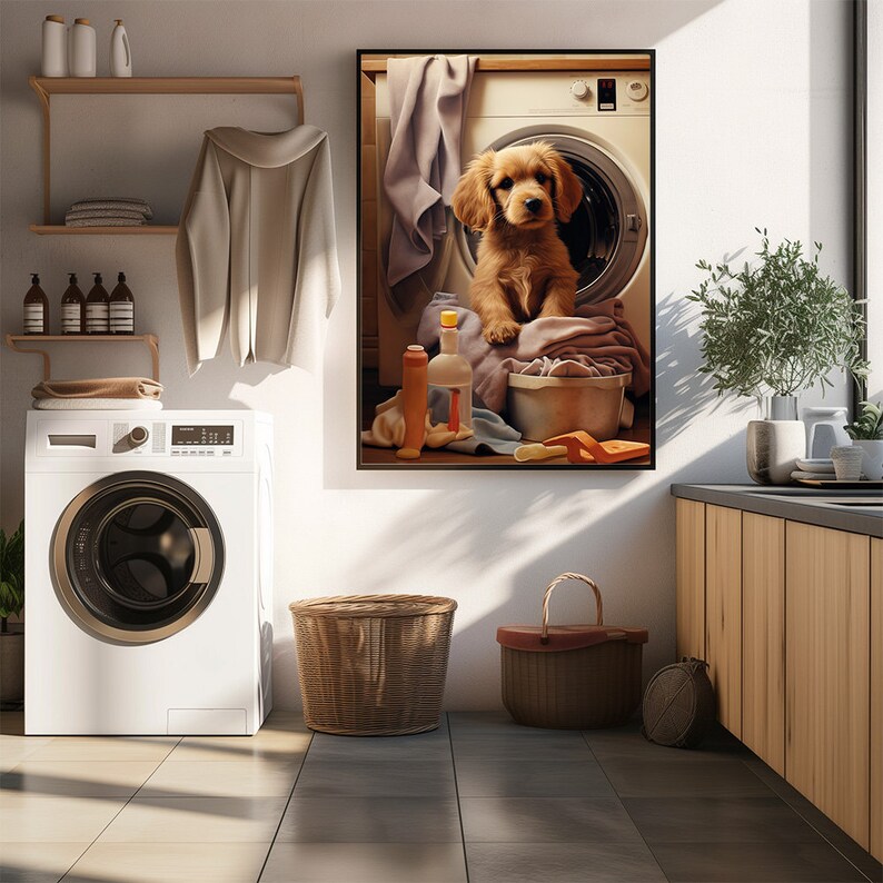 Cute Dog With Washing Machine Laundry Print, Puppy on Laundry Wall ...