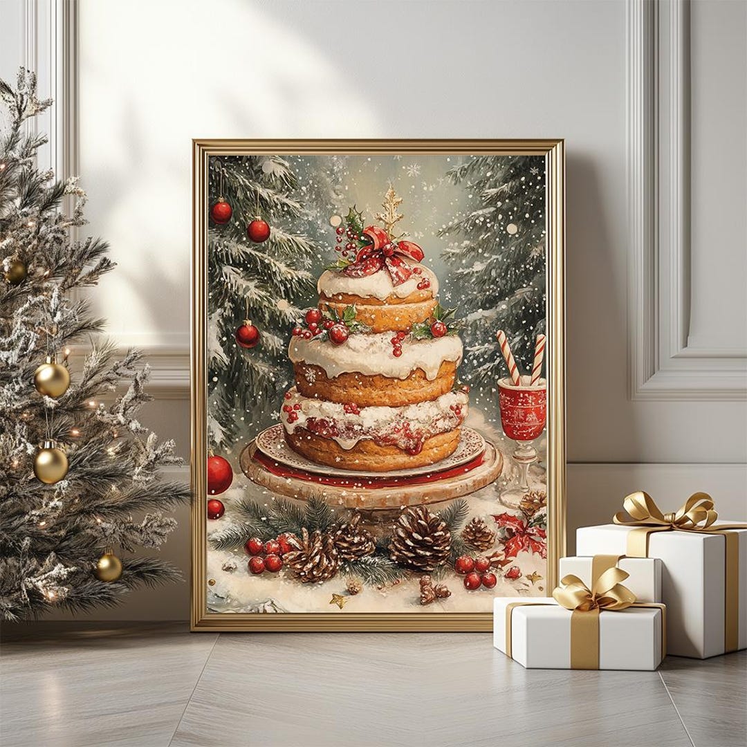 Rustic Christmas Cake Art Print, Vintage Holiday Dessert (digital ...