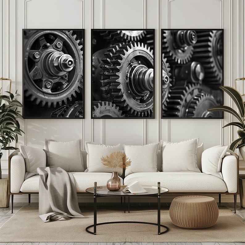Modern Black and White Gears Poster for Industrial Chic Home Decor ...