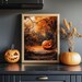 Pumpkin in Autumn Scene Poster, Smiling Jack O Lantern in Fall Forest ...