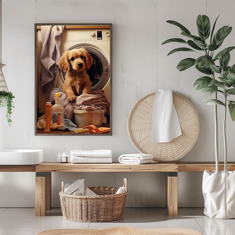 Cute Dog With Washing Machine Laundry Print, Puppy on Laundry Wall ...