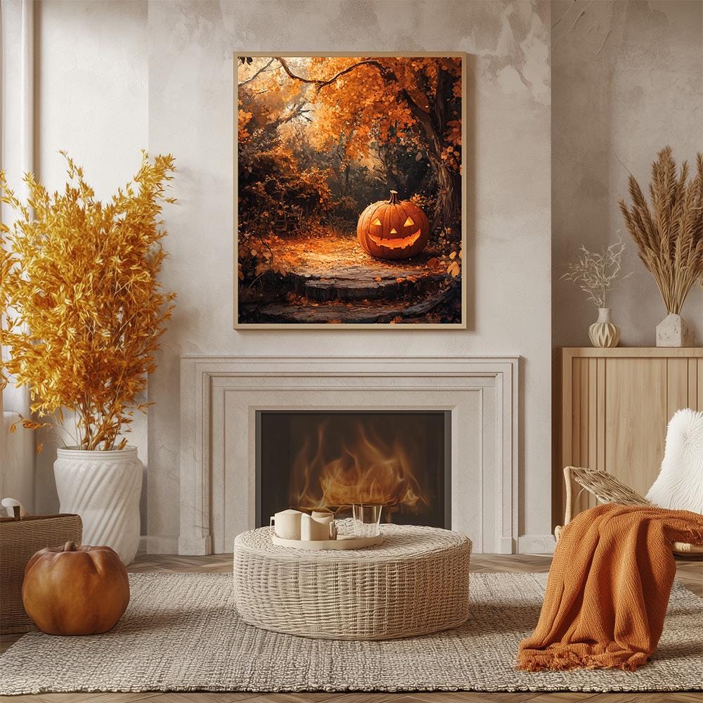 Pumpkin in Autumn Scene Poster, Smiling Jack O Lantern in Fall Forest ...