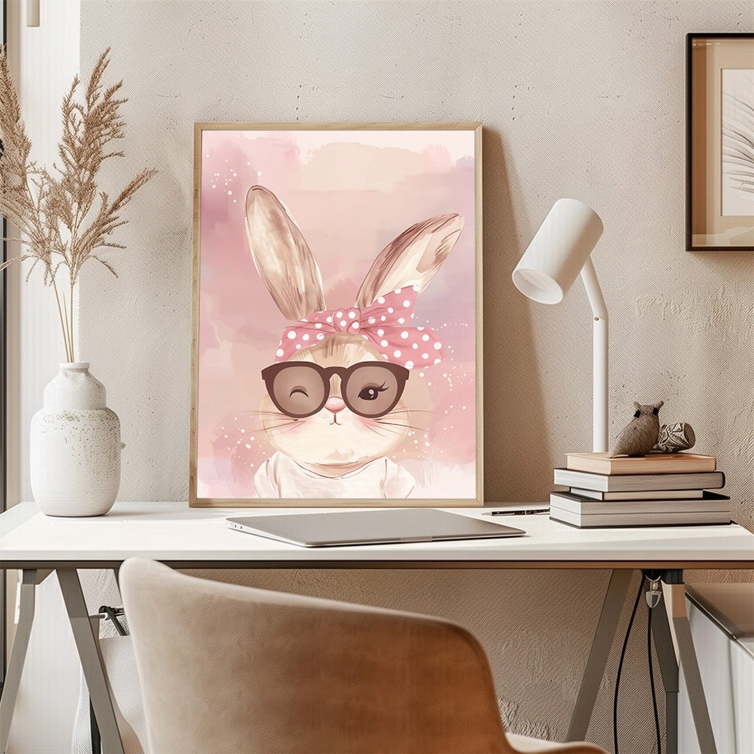 Cute Pink Bunny Nursery Print, Adorable Rabbit With Bow Sunglasses ...