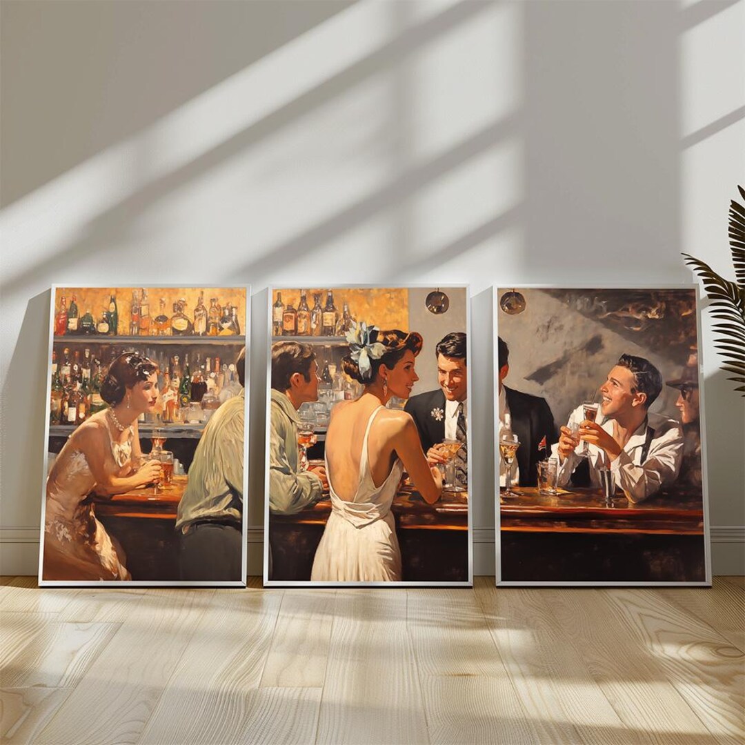 Vintage Bar Scene Wall Gallery Set: Retro Cocktail Lounge Art (digital ...