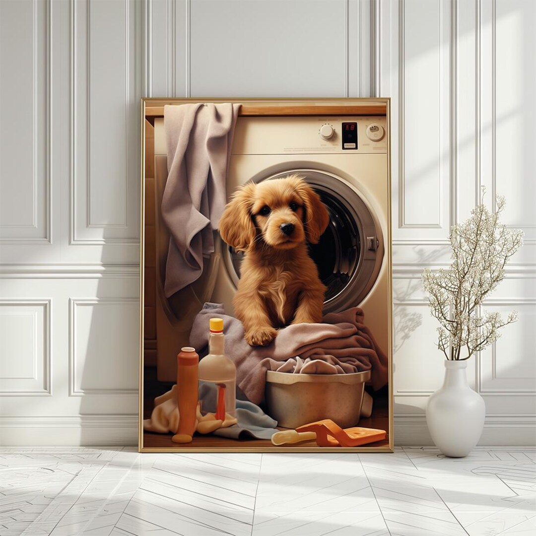 Cute Dog With Washing Machine Laundry Print, Puppy on Laundry Wall ...