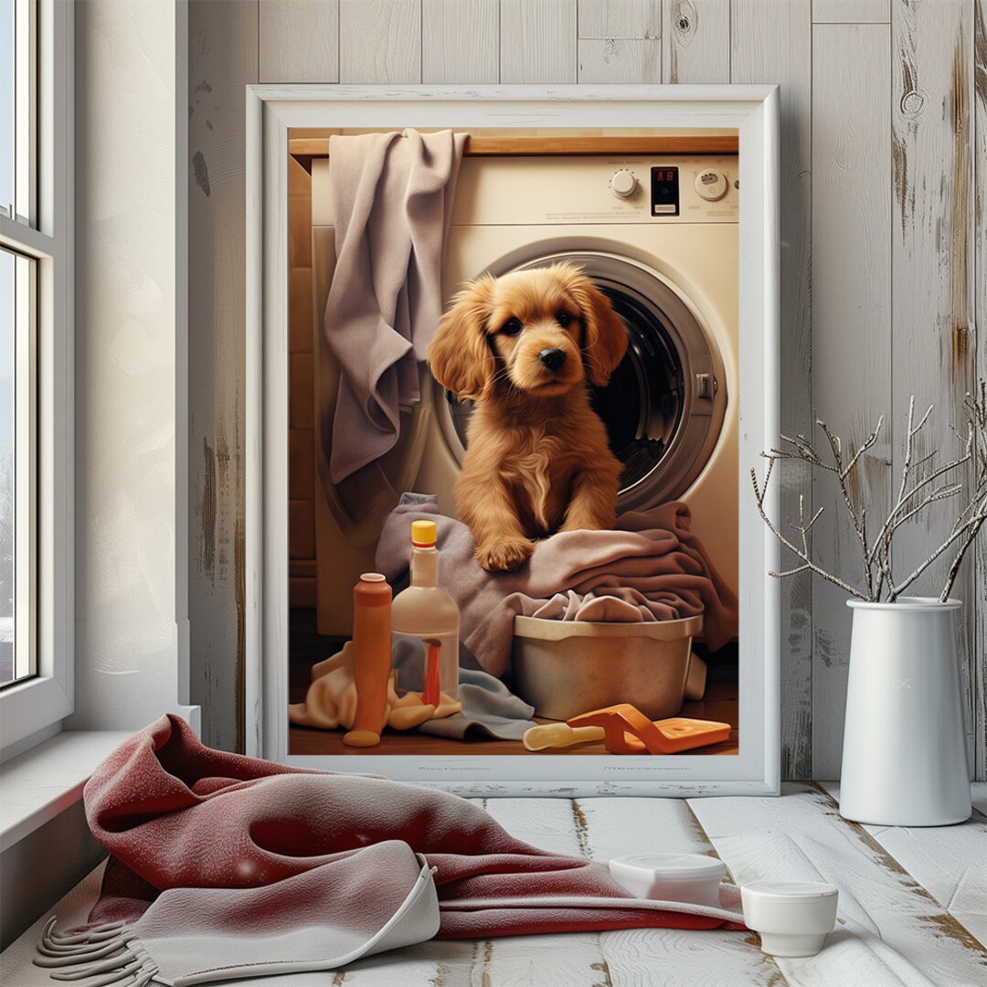 Cute Dog With Washing Machine Laundry Print, Puppy on Laundry Wall ...