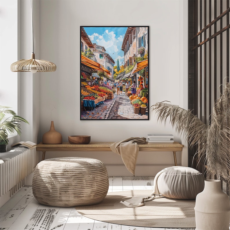 Colorful Street Market Poster, Marketplace in Mediterranean Village Art ...