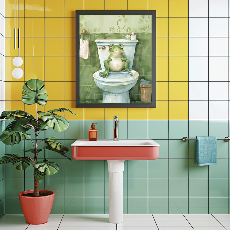 Adorable Frog in Toilet Bathroom Print, Animal Art for Kids Bathroom ...