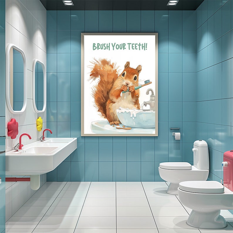 Cute Squirrel Brushing Teeth Bathroom Print, Kids Bathroom or Preschool ...