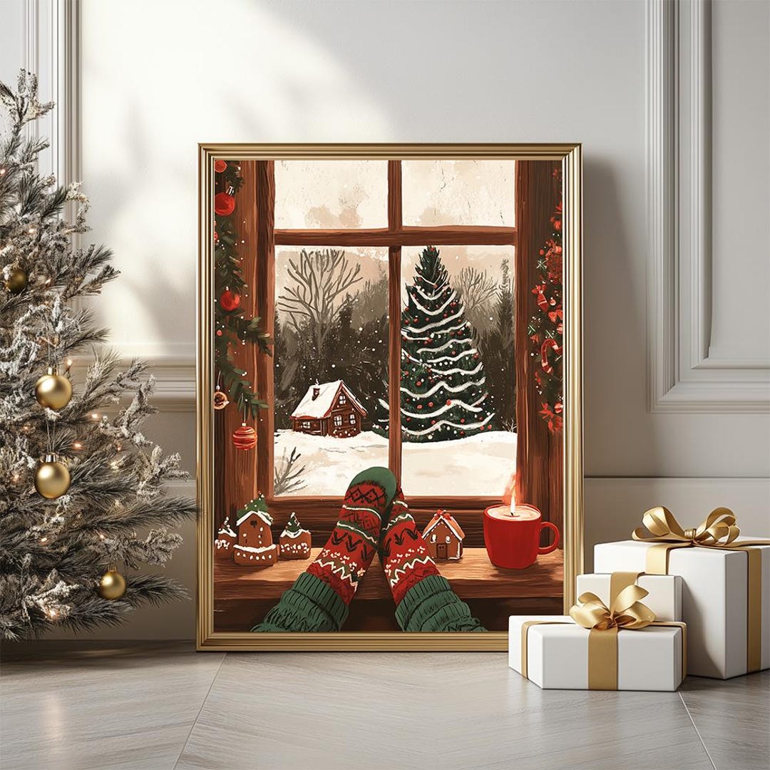 Cozy Christmas Morning Window View Art Print, Festive Socks in Snowy ...