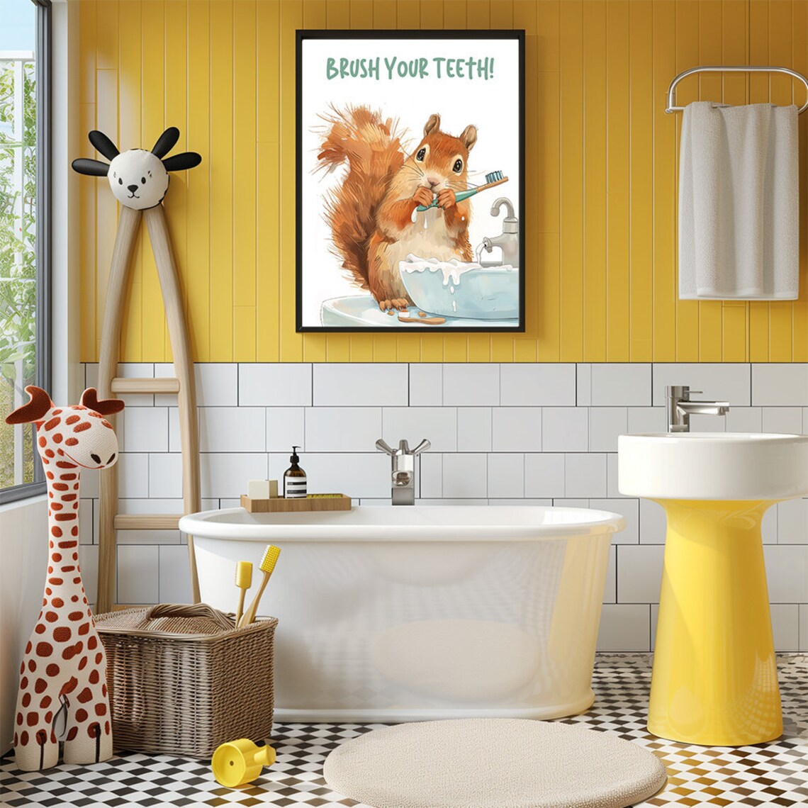 Cute Squirrel Brushing Teeth Bathroom Print, Kids Bathroom or Preschool ...