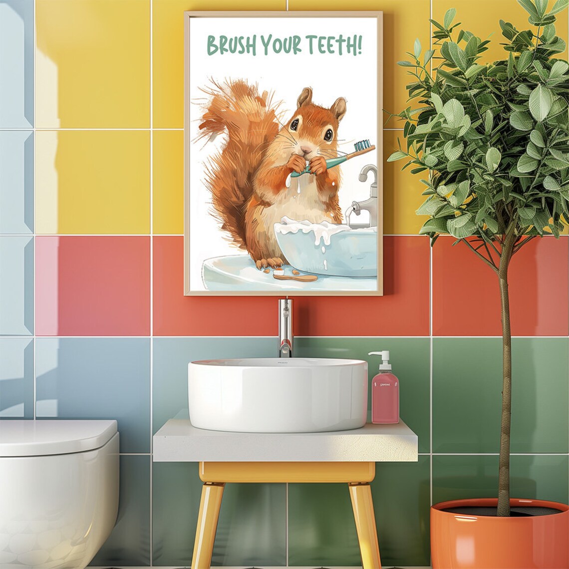 Cute Squirrel Brushing Teeth Bathroom Print, Kids Bathroom or Preschool ...