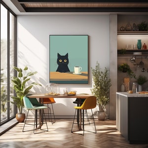 Black Cat With Coffee Cup Kitchen Poster, Perfect Cat Lover Kitchen ...