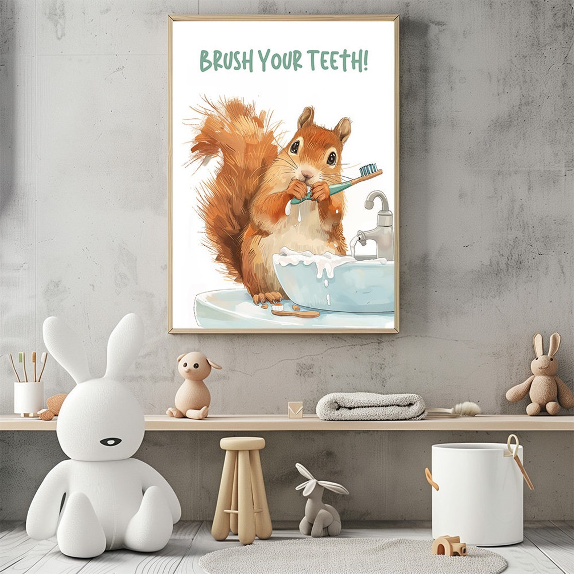 Cute Squirrel Brushing Teeth Bathroom Print, Kids Bathroom or Preschool ...