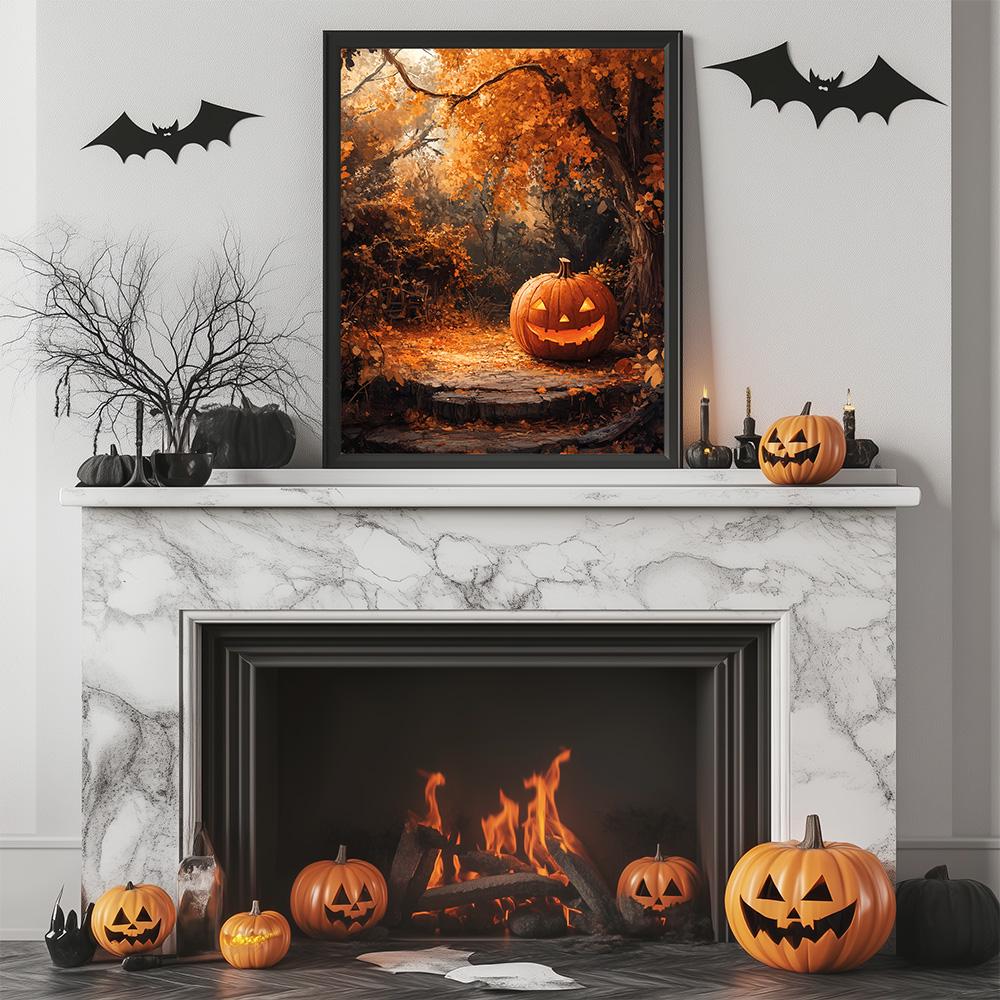 Pumpkin in Autumn Scene Poster, Smiling Jack O Lantern in Fall Forest ...