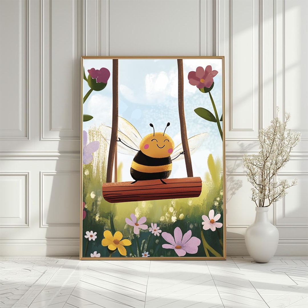 Bee and Flowers Illustration for Nursery Decor, Colorful Cute Garden ...