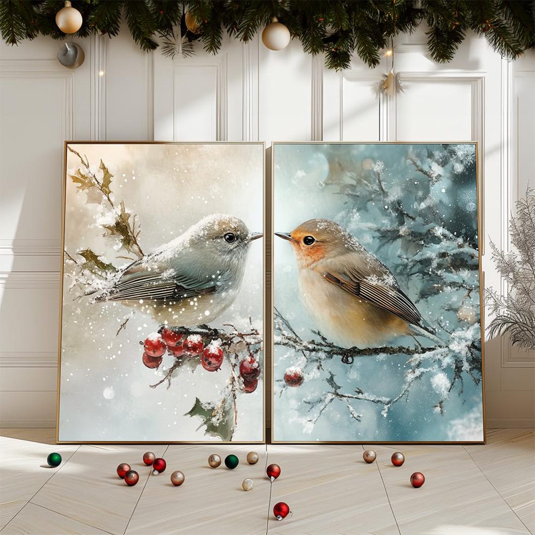 Winter Birds Art Print Set, Snowy Winter Animal Themed Poster, Nature ...