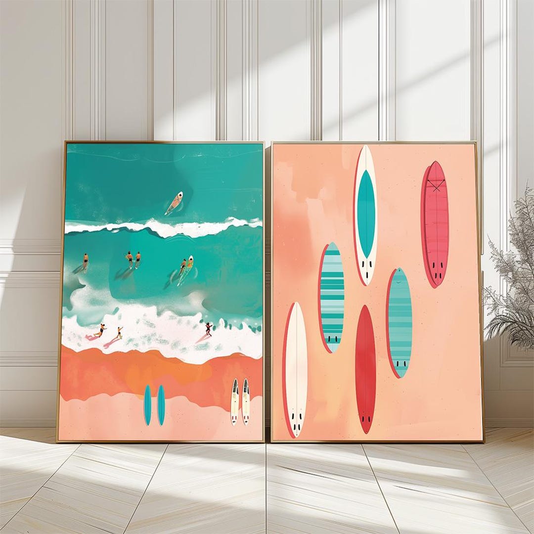 Minimalist Surf and Beach Poster Set of 2, Top View Ocean Coastal Art ...