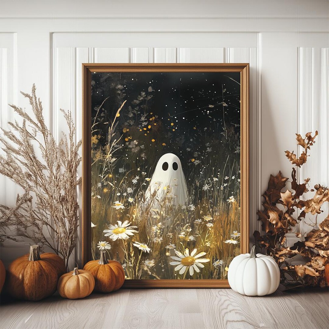 Ghost in Daisy Field Halloween Poster, Floral Phantom at Night Art ...