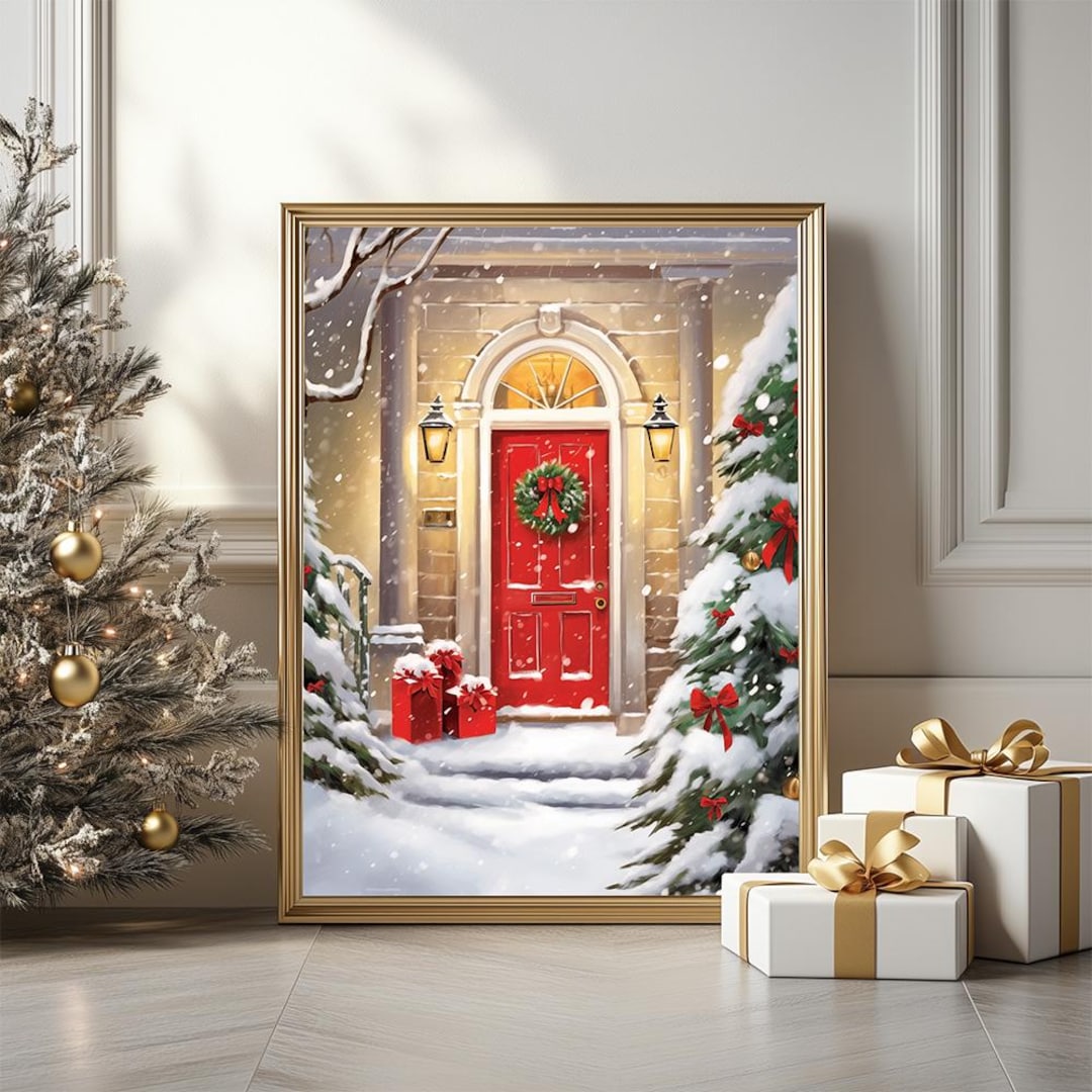 Festive Red Door Christmas Poster, Charming Snowy Holiday Doorway Art ...