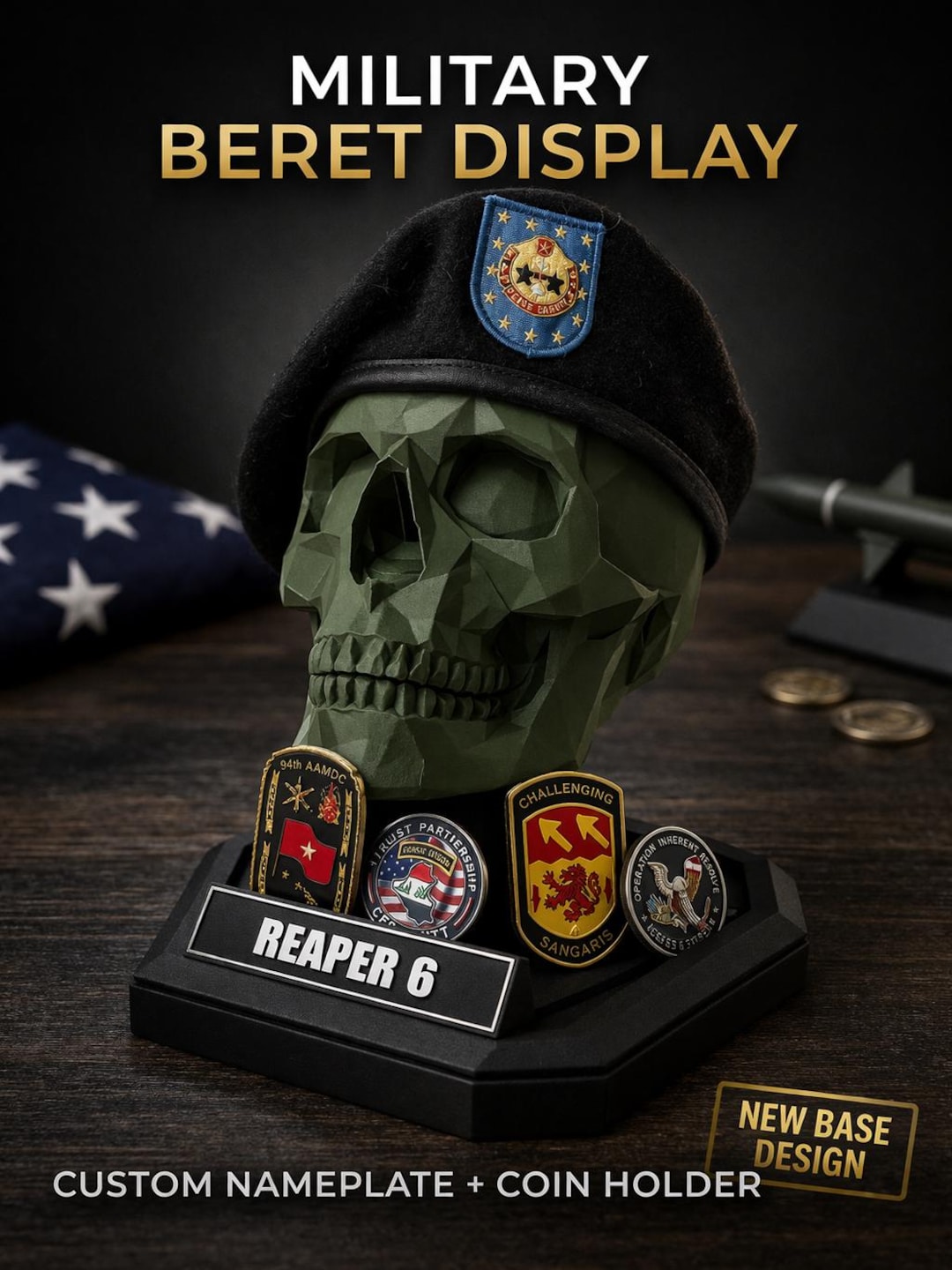 Military Beret Display Skull 3D Printed | Personalized Nameplate + Coin ...