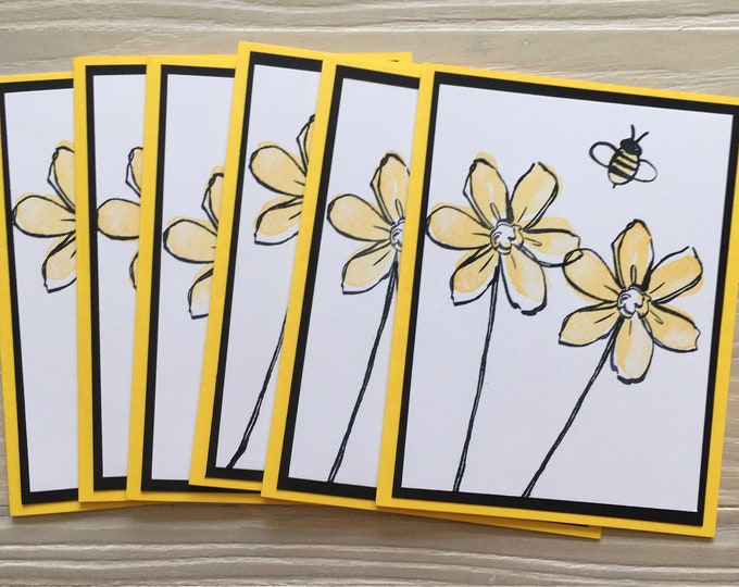 Yellow Flowers and Bee Note Cards With Envelopes, Hand Stamped, Set of ...