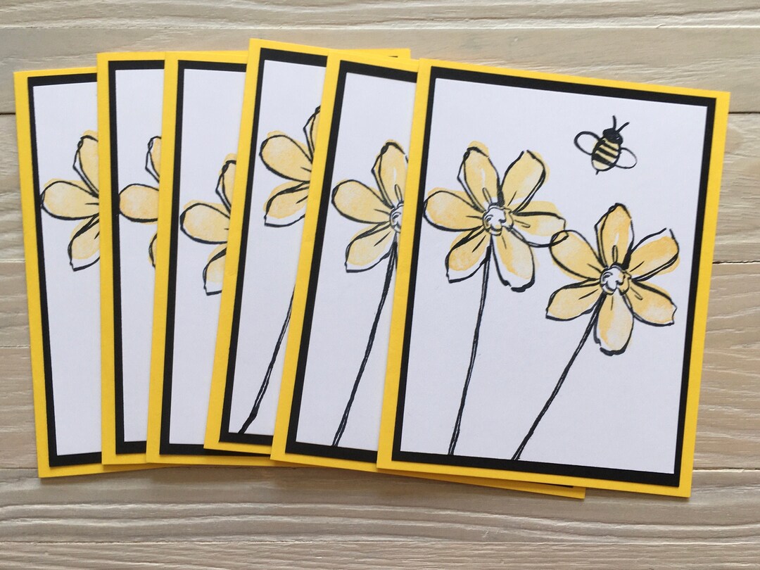 Yellow Flowers and Bee Note Cards With Envelopes, Hand Stamped, Set of ...