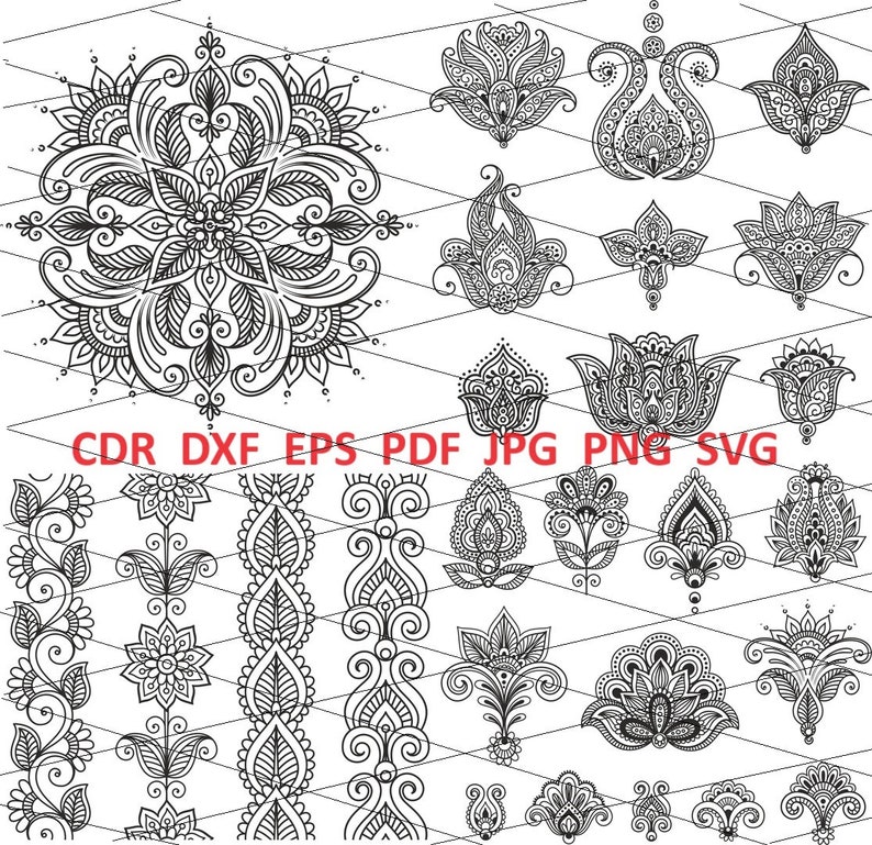 Henna Design, Henna Mehndi Floral DXF SVG, Henna Clipart Digital ...
