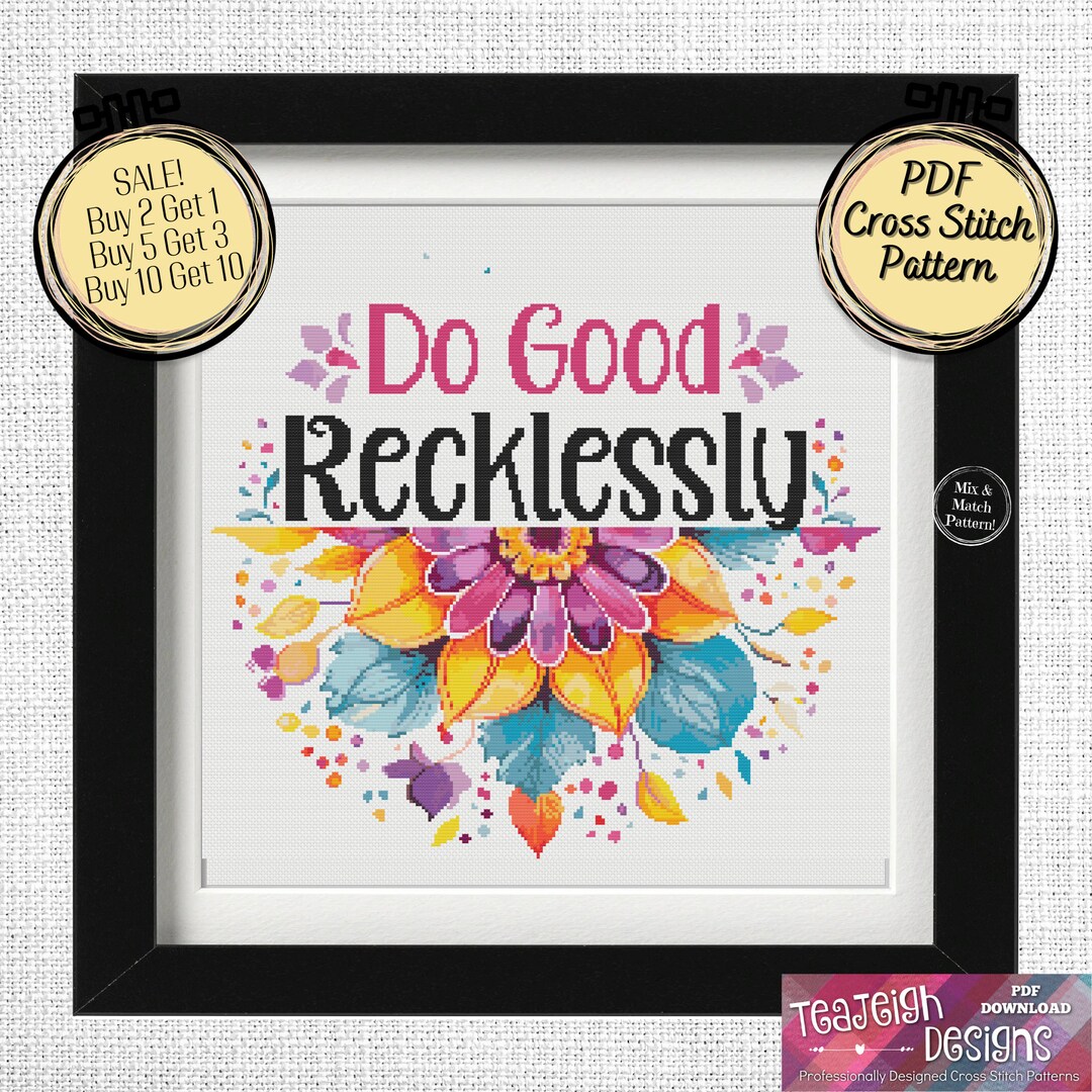 Do Good Recklessly Cross Stitch Pattern - Bright Floral Mandala - Mix ...