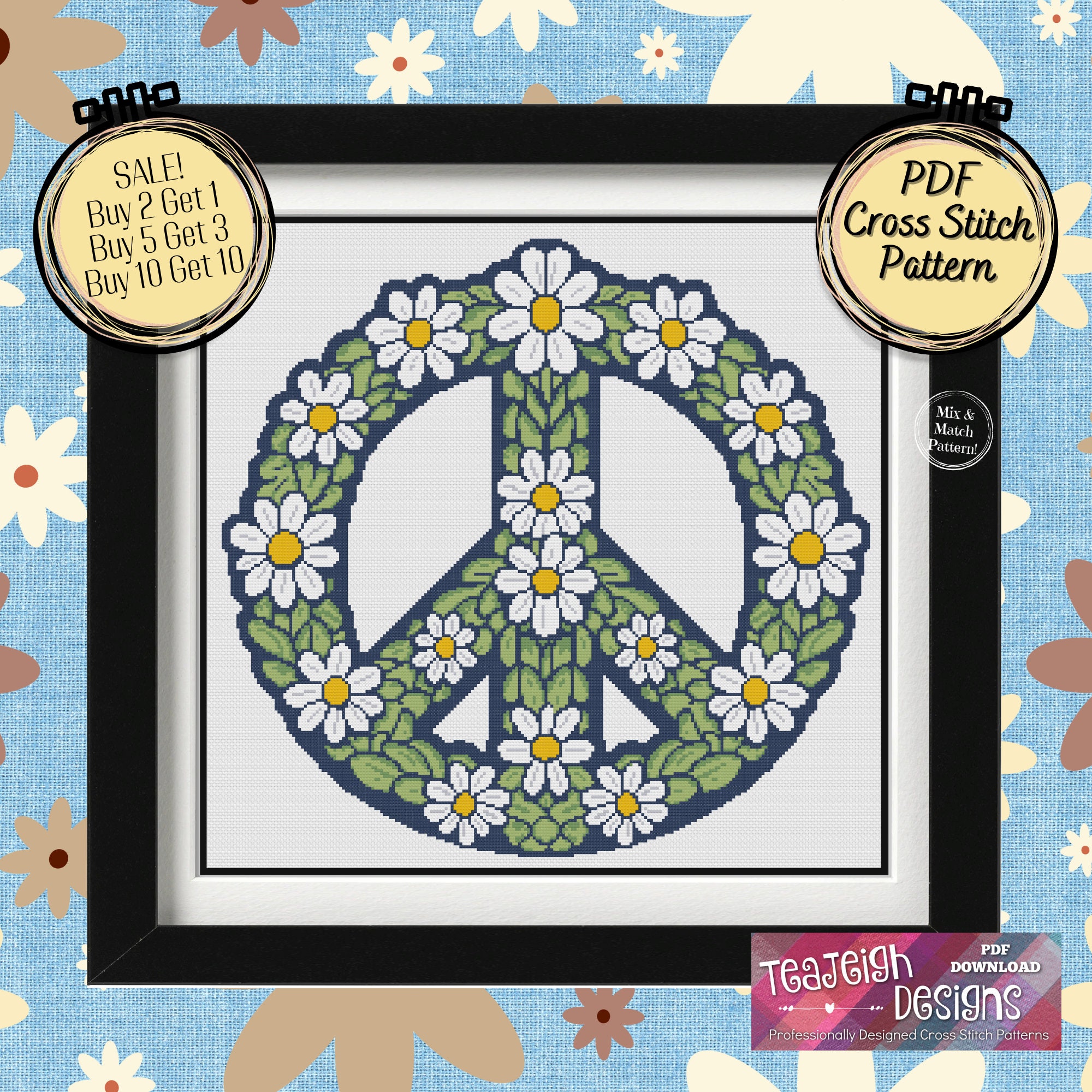 Daisy Peace Sign Cross Stitch Pattern Printable & Pattern Keeper PDF ...